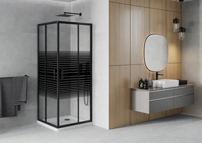 Mexen Rio, čtvercový sprchový kout 80(dveře)x80(dveře)x190 cm, 5mm čiré sklo-vzor pásky, černý profil + bílá sprchová vanička SLIM, 860-080-080-70-20-4010B