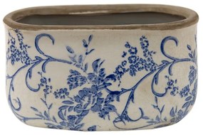 Oválný keramický obal na květináč s modrými květy Saten M – 17x9x10 cm