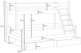Dětská patrová postel z masivu borovice s rozšířeným spodním lůžkem NEVADA se šuplíky - 200x90/140 cm - PŘÍRODNÍ BOROVICE