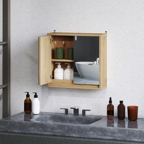 HOMCOM Koupelnová skříňka se zrcadlem, 2 dveřmi a nastavitelnou policí, závěsná koupelnová skříňka pro moderní koupelnu 48x14,5x45 cm, přirodní dřevo
