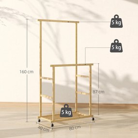 HOMCOM Stojan na oblečení na kolečkách, věšák s tyčí na oblečení, police na boty, z bambusu, 80 x 40 x 160 cm, přírodní