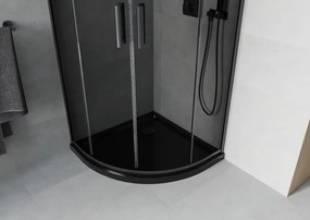 Mexen Rio, čtvrtkruhový sprchový kout s posuvnými dveřmi 90 (dveře) x 90 (dveře) x 190 cm, 5mm šedé sklo, černý profil + černá sprchová vanička Slim, 863-090-090-70-40-4170B