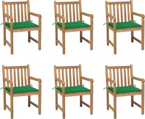 Zahradní židle 6 ks zelené podušky masivní teak 3073036