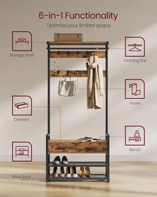 Předsíňová stěna s místem k sezení, úložným prostorem na boty, textilní zásuvkou, 30 x 80,4 x 181,6 cm, rustikální hnědá/černá