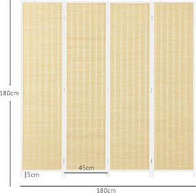 HOMCOM Skládací Oddělovač Místnosti 4 Panely 180x180 cm Ručně Tkaný z Bambusu a Bavlny Elegantní Dekorace do Obývacího Pokoj Bílá