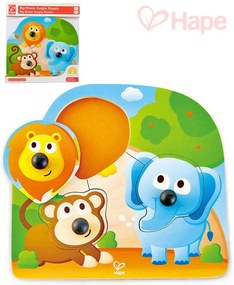 HAPE DŘEVO Baby puzzle vkládací s úchyty zvířátka džungle 3 dílky na desce e1310