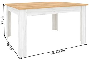 Kondela Jídelní stůl, rozkládací, dub craft zlatý/dub craft bílý, 135-184x86 cm, SUDBURY