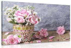 Obraz květiny karafiátu v mozaikovém květináči - 60x40 cm