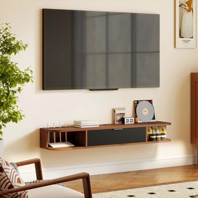 HOMCOM televizní stolek až do 127 cm, závěsný se sklápěcí zásuvkou, 2 otevřené police a průchod kabelu, 120x24x16 cm, ořech