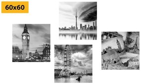 Set obrazů tajuplná města v černobílém provedení - 4x 60x60 cm
