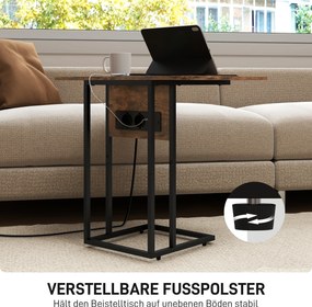 HOMCOM Skládací příruční stolek, nabíjecí stanice s USB porty, kov, 39 x 29 x 57 cm, hnědá