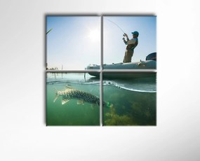 Malvis ® Obraz Rybář na člunu zdolává štiku ROZMĚR (šířka x výška): čtyřdílný čtverec 80x80 cm