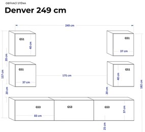 Ral Obývací stěna DENVER 2, 249 cm - Bílý lesk