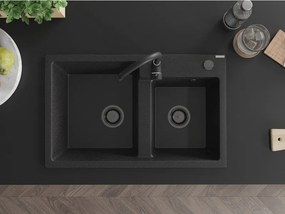 Mexen Tomas, granitový dřez 800x500x190 mm, 2-komorový, černá-stříbrná metalíza s černým sifonem, 6516802000-73-B