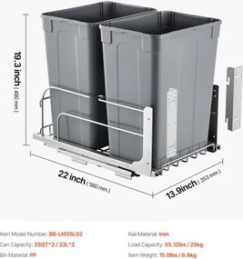Výsuvný odpadkový koš VEVOR, 33,122 l × 2