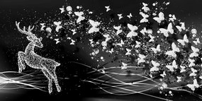 Obraz nádherný jelen s motýly v černobílém provedení