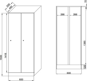 Šatní skříňka S1 s lavičkou, 2 oddíly, 1875 x 600 x 500/800 mm, RFID zámek, laminované dveře, bílá