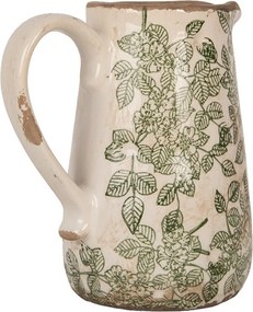 Béžový keramický džbán se zelenými květy Flora M - 16*12*18 cm