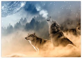 Skleněný obraz - vlci vyjící na měsíc (70x50 cm)
