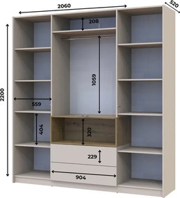 Skříň čtyřdveřová Dale 206x52x220 cm Kašmír/Dub artisan
