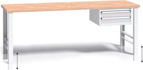 Výškově nastavitelný pracovní stůl do dílny G3 se závěsným boxem na nářadí, buková spárovka, 2 zásuvky, 2000 x 685 x 840 - 1050 mm, šedá