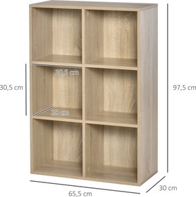 HOMCOM Knihařský regál se 3 policemi a 6 úložnými boxy do obývacího pokoje, ložnice, kanceláře 65,5x30x97,5 cm Dub