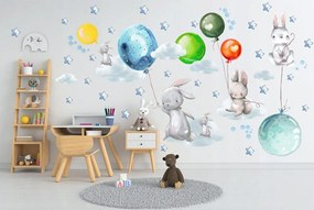 Barevná nálepka do dětského pokoje zajíčci na balónech 60 x 120 cm