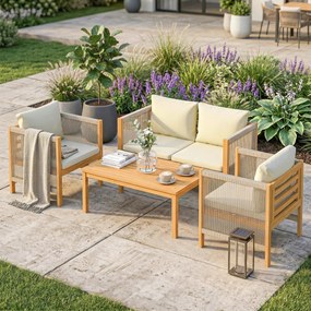 Outsunny 4dílná akáciová zahradní sada pro 4 osoby — 2místná sedačka, 2 křesla a konferenční stolek, béžová