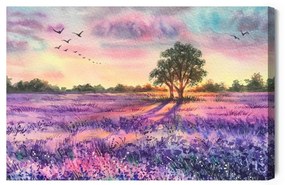 Obraz Levandulová Krajina Malovaná Akvarelem Nedostatek Nedostatek Plátno Canvas 90x60