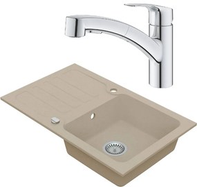 Vima Dřezový set Grohe 5/A- Granitový dřez, s odkapávací plochou, 78x48cm, Písková + Dřezová baterie Grohe Eurosmart