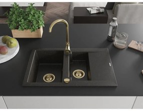 Mexen Gaspar, granitový dřez 737x475x177 mm, 1,5-komorový, černá-zlatá metalíza se zlatým sifonem, 6507731505-75-G