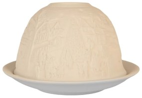 Bílý porcelánový svícen na čajovou svíčku s vánočním tradičním městečkem – 12x8 cm