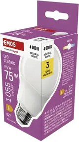 EMOS LED žárovka Classic A60 9,5W / 75W E27 / neutrální bílá / 1055 lm