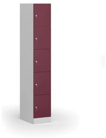 Šatní skříňka s úložnými boxy, 5 boxů, 1850 x 300 x 500 mm, cylindrický zámek, červené dveře