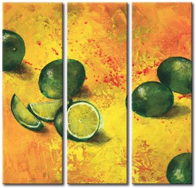 Obraz Zátiší (3-dílný) - kompozice limetek na oranžovém pozadí