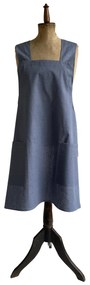 Lněná šatová zástěra s kapsami OLIVIA - se zátěrem - Modrá denim