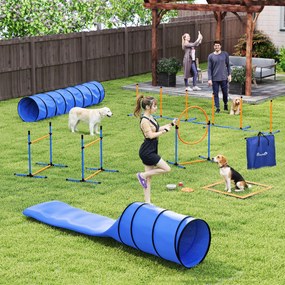 PawHut Agility set pro psy 11dílné agility vybavení pro psy se 2 tunely Výškově nastavitelný skákací kruh a překážky Slalomová tyč