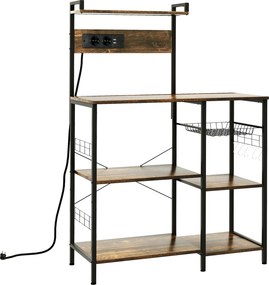 HOMCOM kuchyňský nábytek se zabudovanými zásuvkami pro mikrovlnnou troubu s policemi, industriální styl, 90 x 42 x 130 cm, hnědá