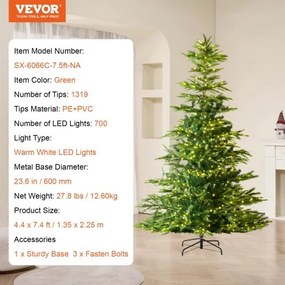 Vánoční strom 2,3 m předsvícený umělý strom se 700 bílými LED diodami 1319 špiček