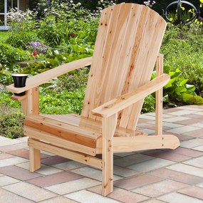 Outsunny Adirondack zahradní křeslo s držákem na nápoje - zahradní lenoška, balkonové křeslo, masivní dřevo, přirozená 72,5 x 97 x 93 cm