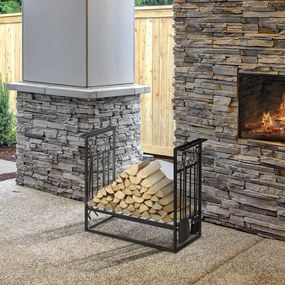 HOMCOM Stojan na palivové dřevo s krbovým nářadím 75 x 30 x 60 cm, černý ocelový stojan na palivové dřevo, skladování palivového dřeva a krbové nářadí