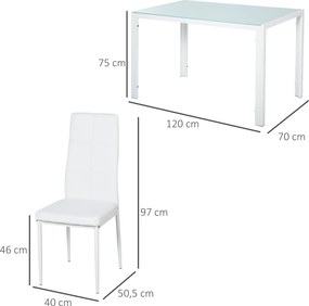 HOMCOM Jídelní Set s Táborem a 4 Židlemi, 5-Dílný Kuchyňský Nábytek, Obdélníkový Stůl s Temperovaným Sklem a Židle s Čalouněním z PU na Bílých Kovový…