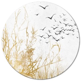 Kulatý obraz Ptáci v letu - klíč šedých hus na pozadí zlatých větviček