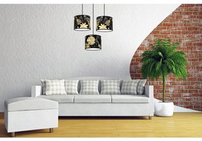 Závěsné svítidlo Gold Flowers, 3x černé textilní stínítko s květinovým vzorem,
