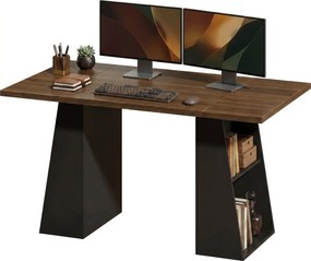 HOMCOM 55.1 in (140 cm) Computer Desk with 4 Open Shelves & Trapezoid Metal Frame — Brown Woodgrain / Black | Aosom