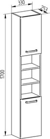 Mereo Mereo, Leny, koupelnová skříňka vysoká, 330x1700x250 mm, závěsná, s policemi, pravé otevírání, bílá lesk, MER-CN815N