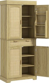 HOMCOM Vysoký Boho styl kuchyňský kredenc se 2 skříňkami a zásuvkou, kuchyňská skříňka se dřevěnými a ratanovými stojany na koření, 76x40x183cm, Dub |