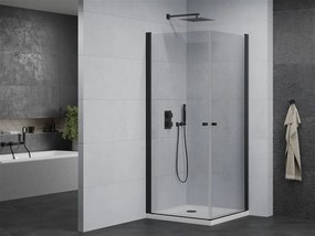 Mexen Pretoria Duo, 2-křídlý sprchový kout 90(dveře) x 90(dveře) x 190 cm, 6mm čiré sklo, černý profil + slim sprchová vanička 5cm, bílá, 852-090-090-70-02-4010B
