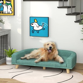 Pohovka pro psy PawHut Pohodlná pohovka s polštářem pro velké psy, zvýšená konstrukce s dřevěnými nohami, zelená 98x67x25cm