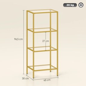 HOMCOM regál s 4 úrovněmi, minimalistický, z kovu a tvrzeného skla, 40x30x96,5 cm, zlatá barva
